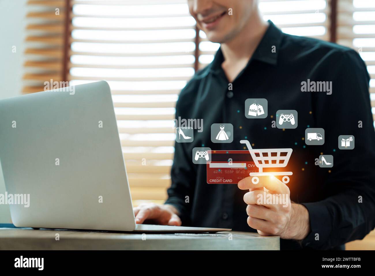Customer open hologram graphic interface controlling device choosing online platform. Smart ...