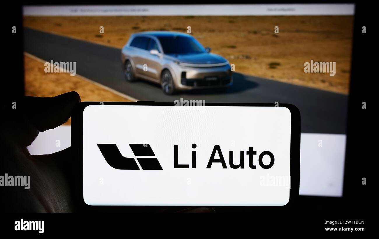 Person holding mobile phone with logo of Chinese electric vehicle ...