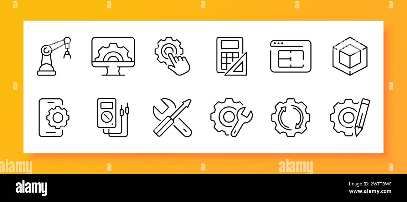 Technologies icon set. Hydraulic arm, calculator, drawing, marking ...