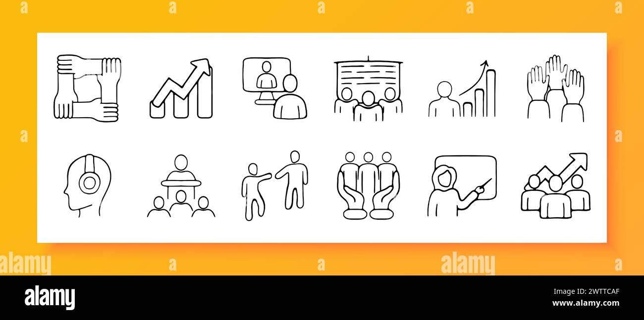 Brain work icon set. Communication, competition, checkmark, contacts ...