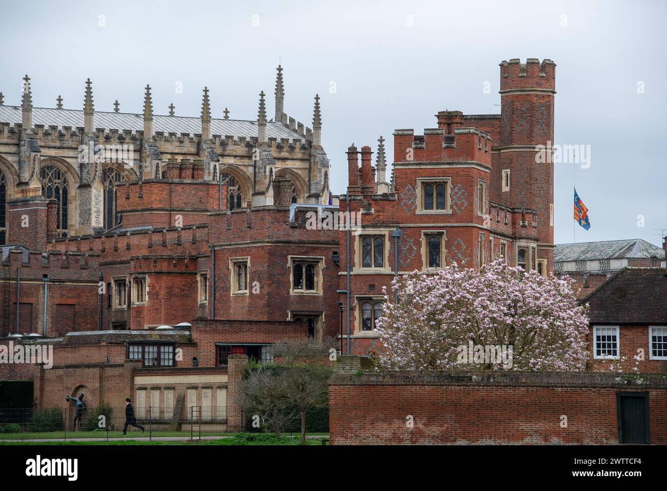 Eton, Windsor, UK. 19th March, 2024. The Eton College flag is sadly ...
