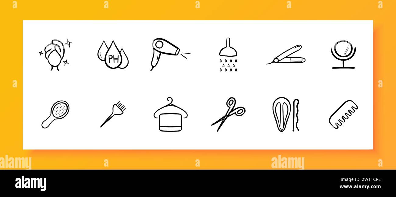 Scalp care icon set. Hairdryer, dryness, shampoo, conditioner, balm ...