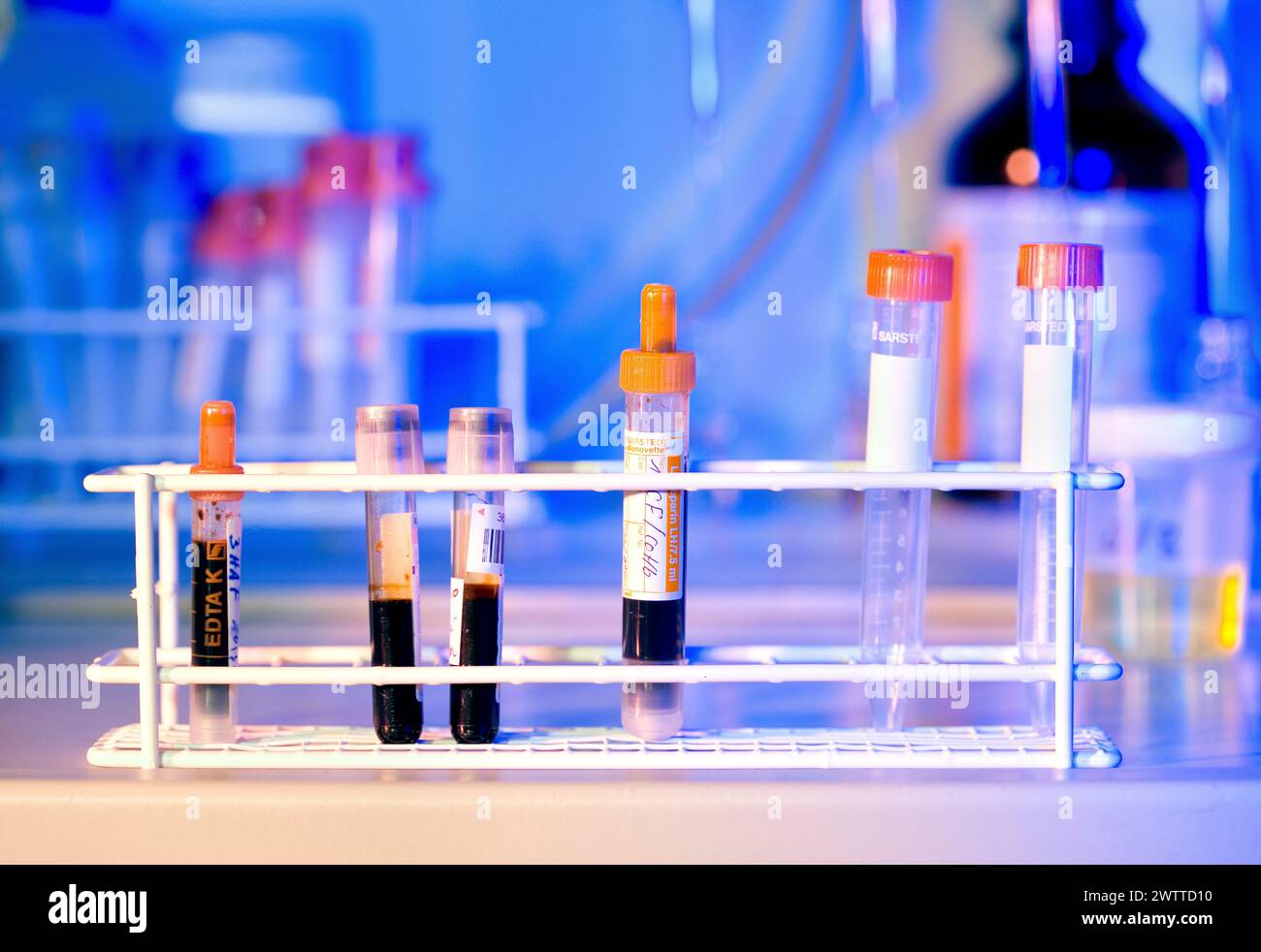 A colorful science laboratory scene with test tubes filled with samples ...