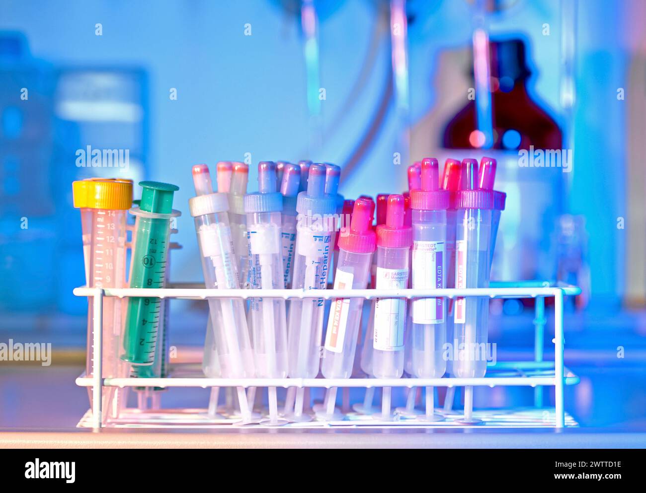 Lab test tubes on a rack illuminated with blue light Stock Photo - Alamy
