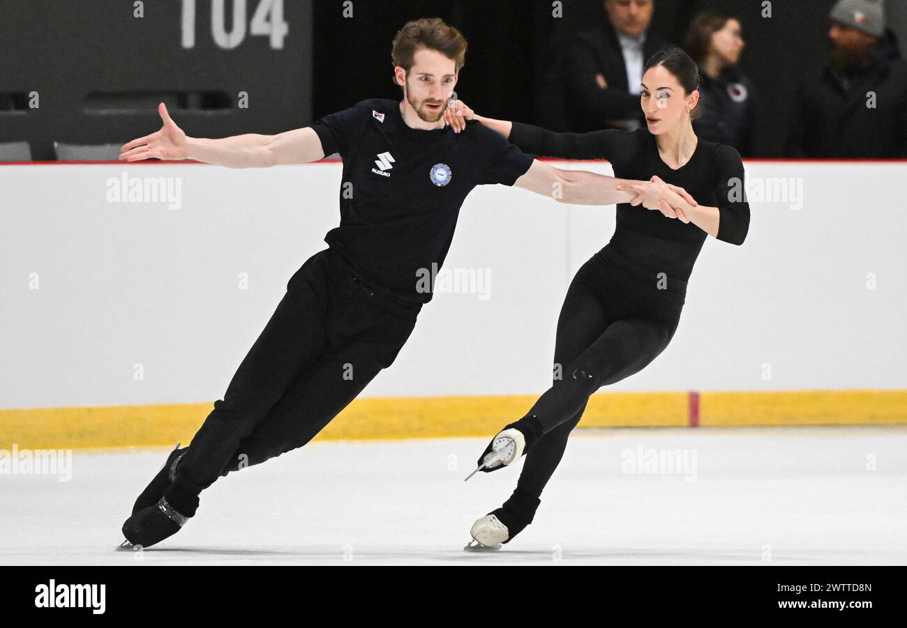 Sara Conti and Niccolo Macii, from Italy, perform their pairs routine ...
