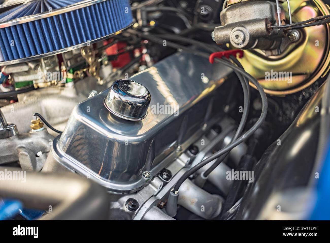 Pristine vintage American car engine exposed, showcasing classic ...