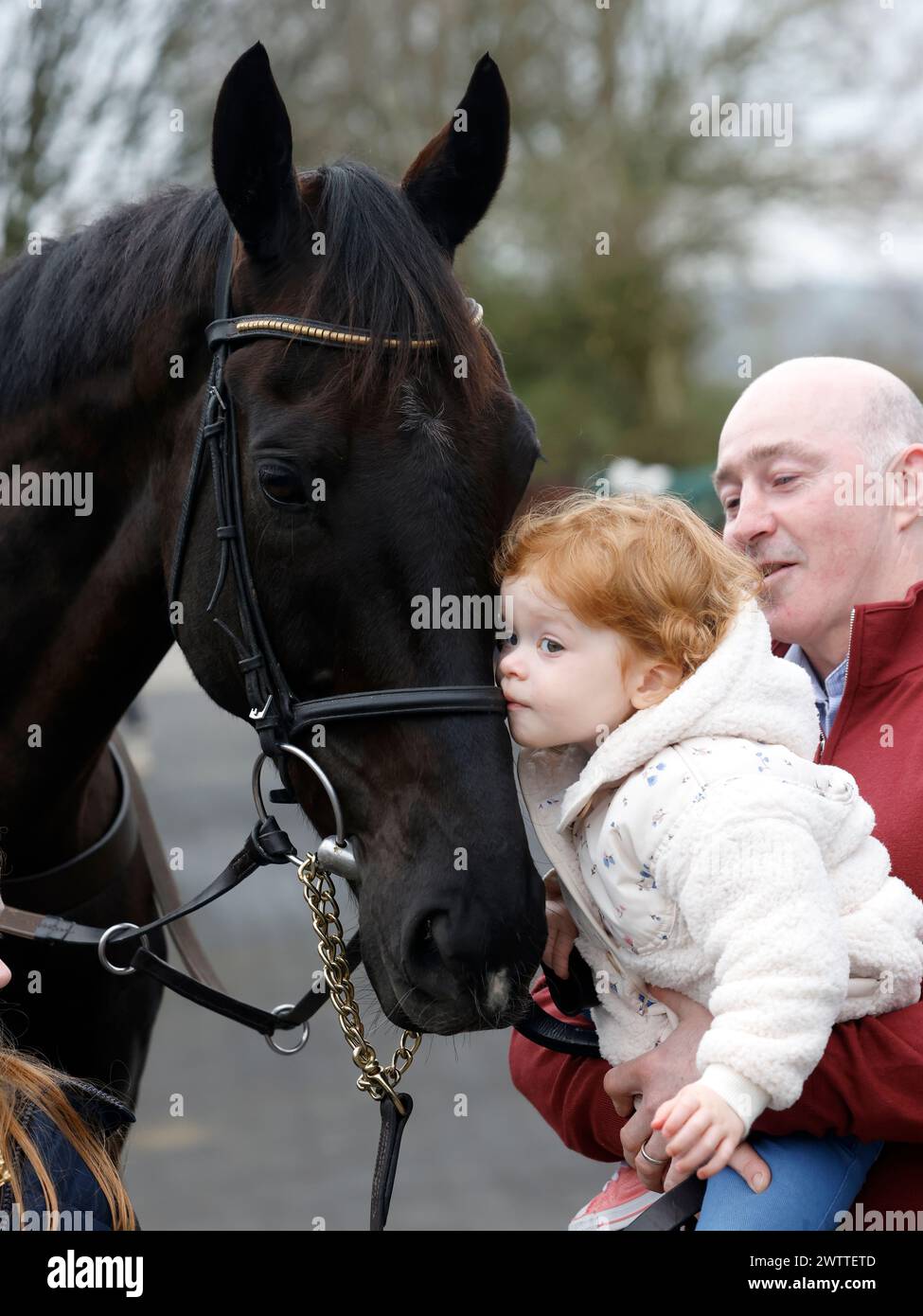 Grace Casey, held by father David Casey, kisses 2024 Boodles Cheltenham Gold Cup winner Galopin ...