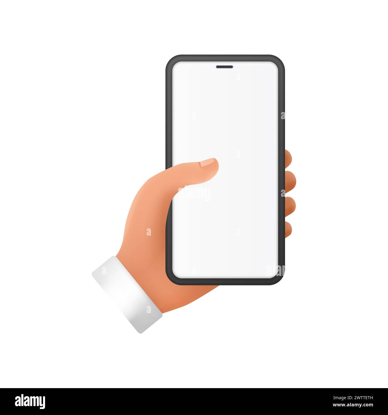 3D hand of man holding mobile phone, showing white blank screen vector ...