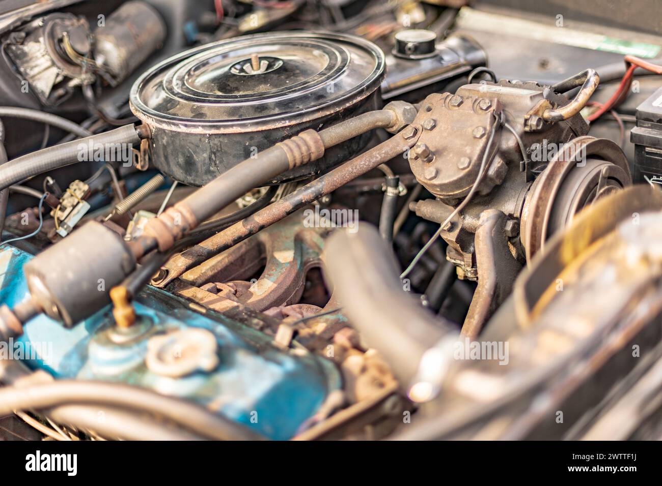 Pristine vintage American car engine exposed, showcasing classic ...