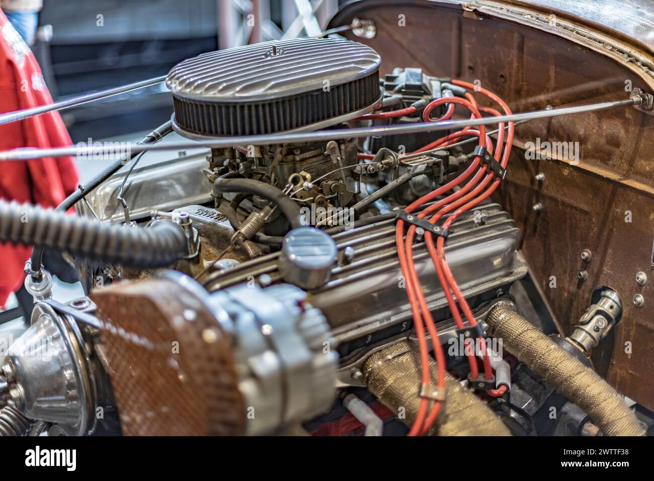 Pristine vintage American car engine exposed, showcasing classic ...