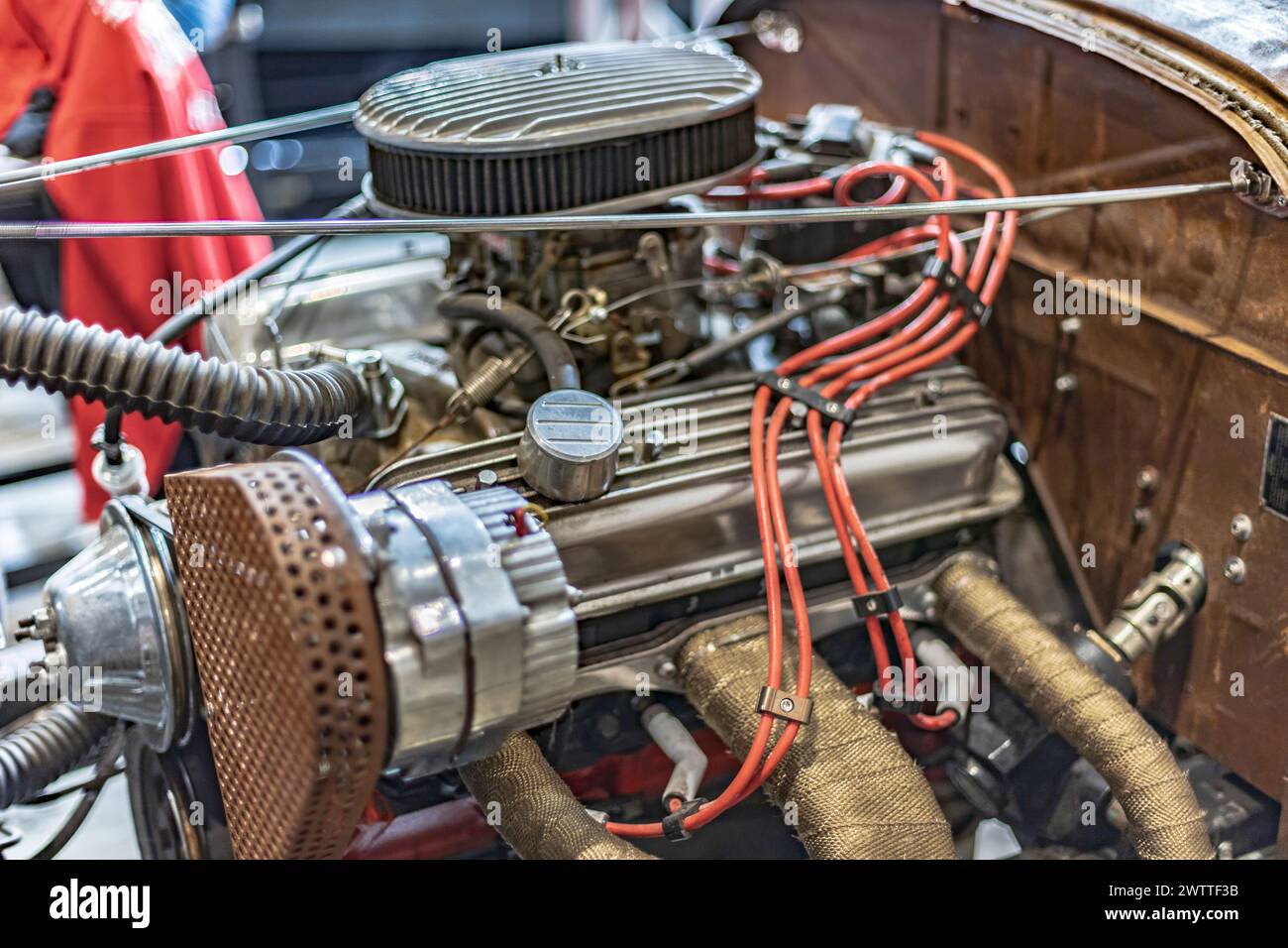 Pristine vintage American car engine exposed, showcasing classic ...