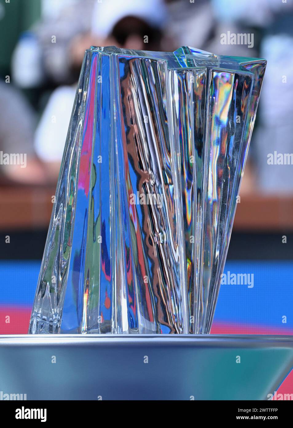 INDIAN WELLS, CA - MARCH 17: The 2024 BNP Paribas Open championship trophy sits on a podium on ...
