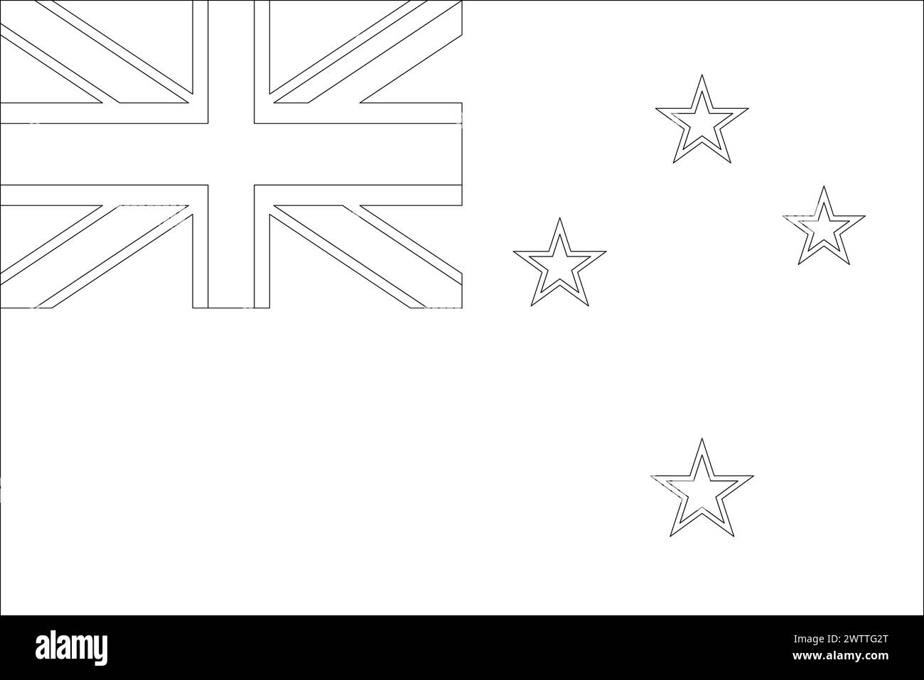 New Zealand flag - thin black vector outline wireframe isolated on ...