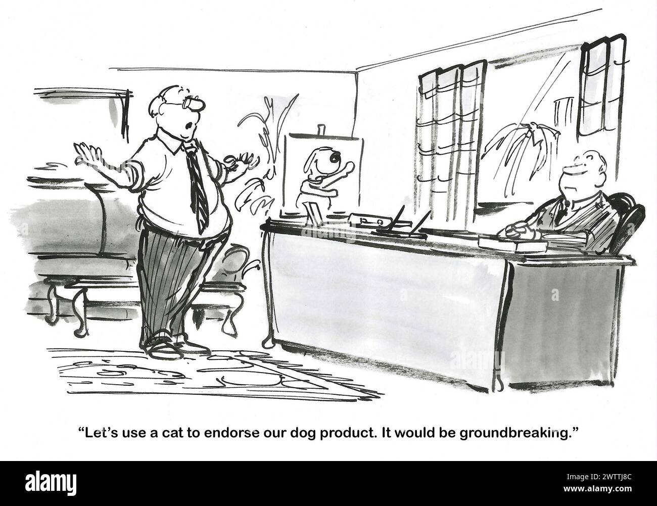 BW cartoon of a marketing pitch that the businessman feels is ...