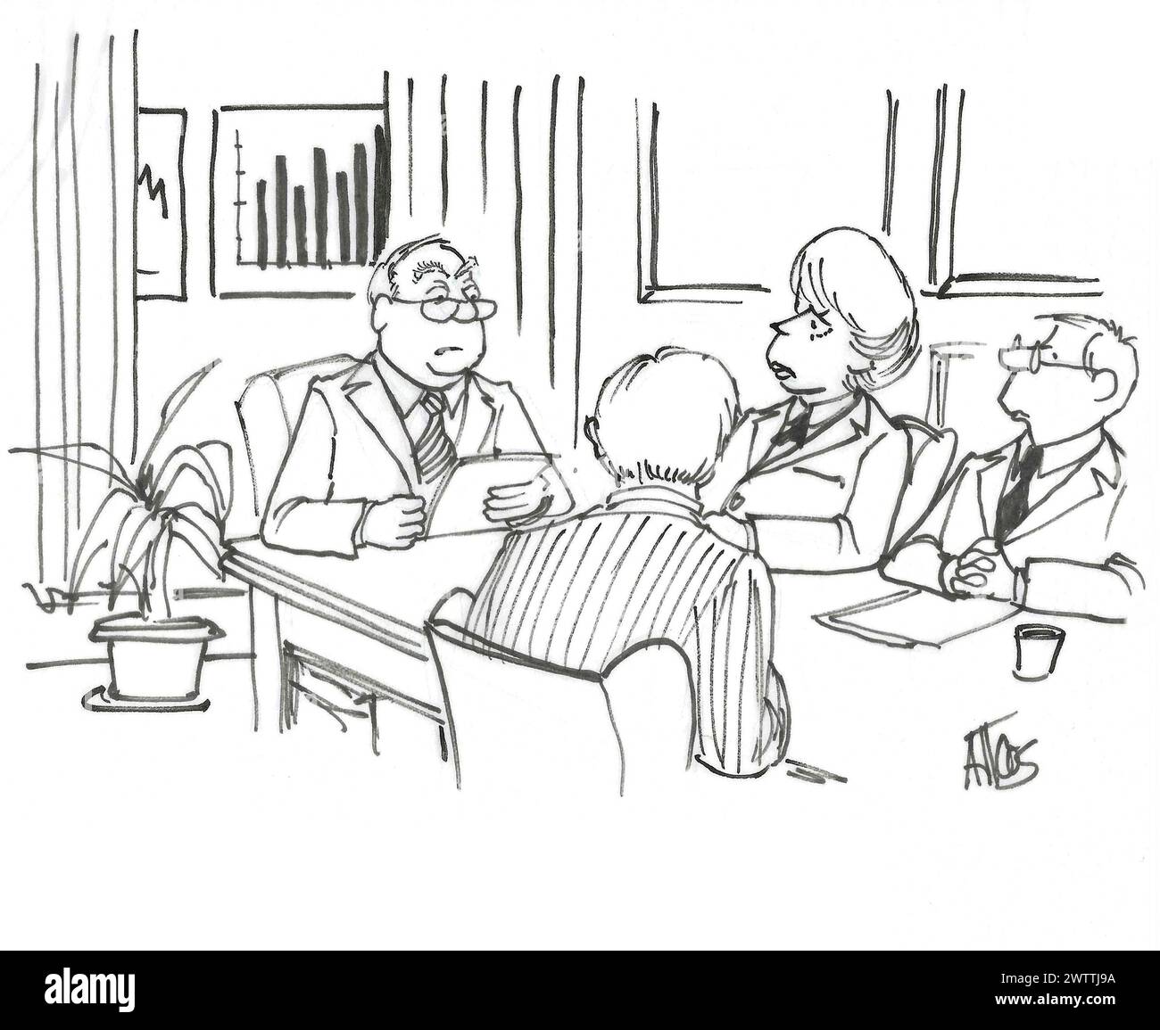 BW cartoon showing a CEO at the head of the meeting table and looking ...