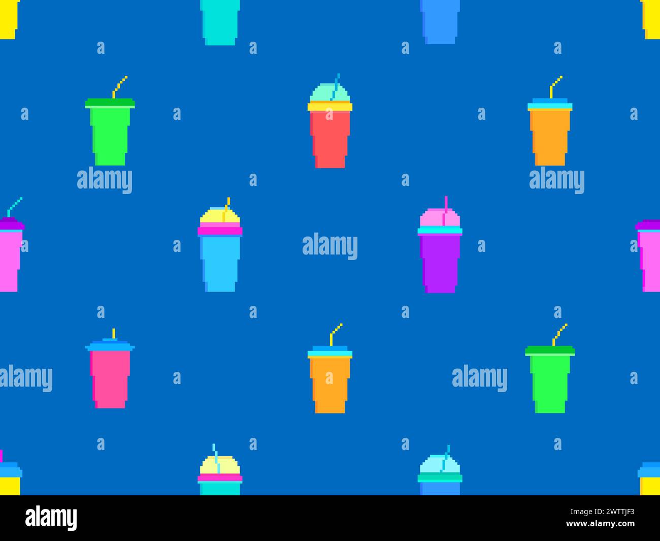 Seamless pattern with plastic or paper cups with straws in pixel art ...