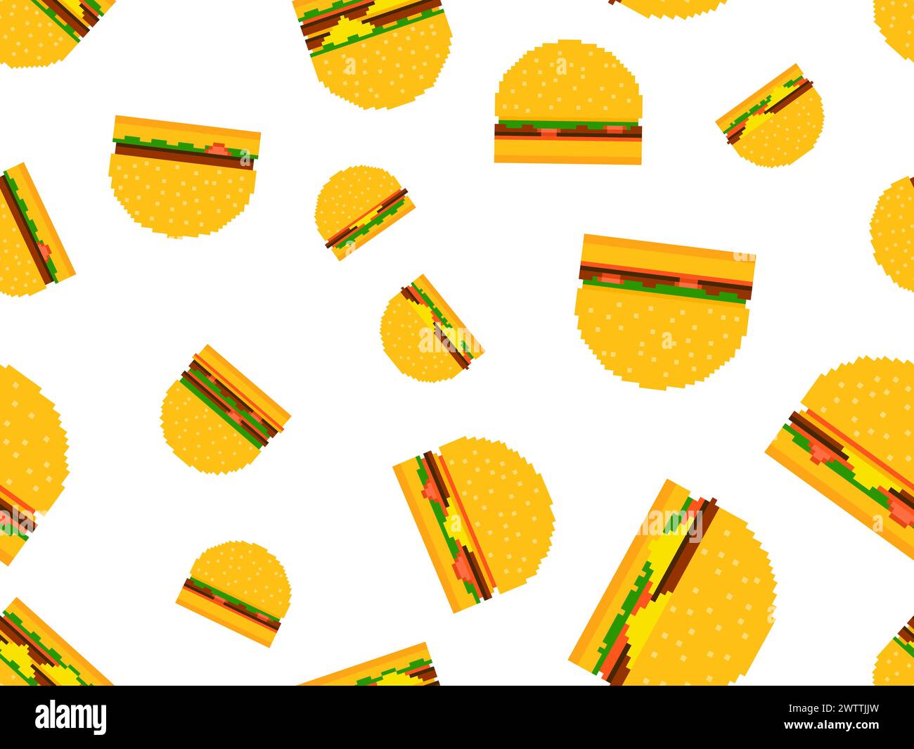 Seamless pattern with burgers in pixel art style. Pixel cheeseburgers ...