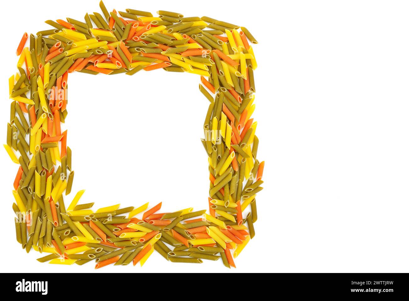 Colored dry macaroni isolated on white background. Square frame of ...