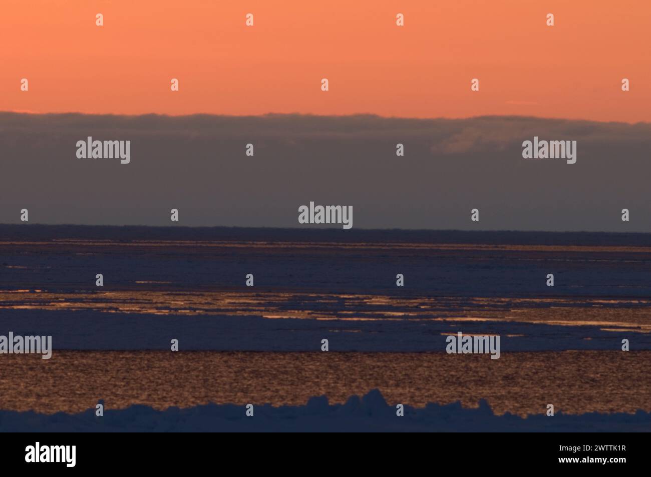 Seascape of sunset over open lead rough pack ice over the Chukchi sea ...