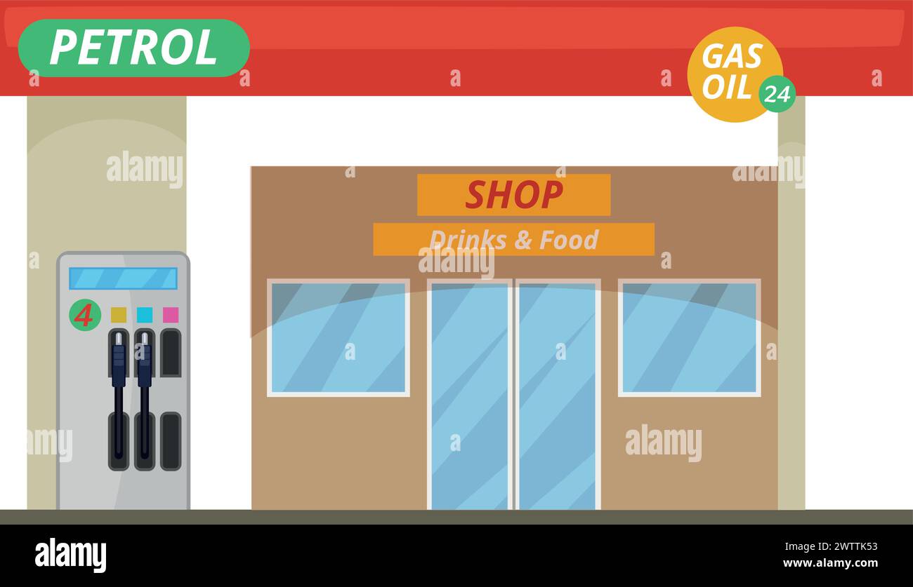 Gas station with grocery shop facade. Building front Stock Vector Image ...