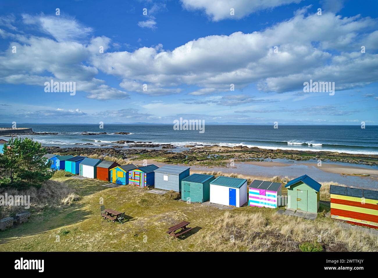 Hopeman Moray Coast Scotland blue sky and colourful beach huts or ...