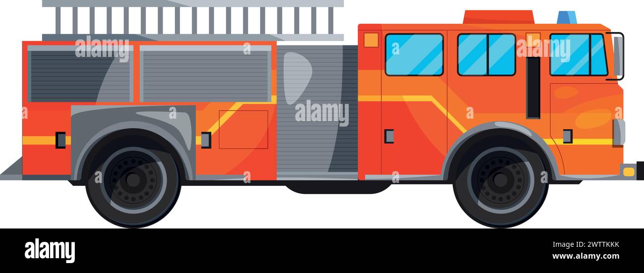 Firefighter truck. Cartoon vehicle with ladder and water hose Stock ...