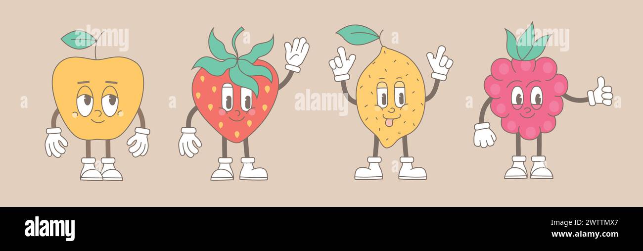 Retro groovy cartoon fruit characters. Modern cute comic mascot of ...