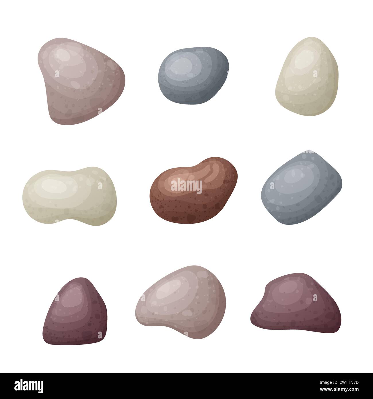 Round smooth pebble stone collection. Organic shape rock isolated ...