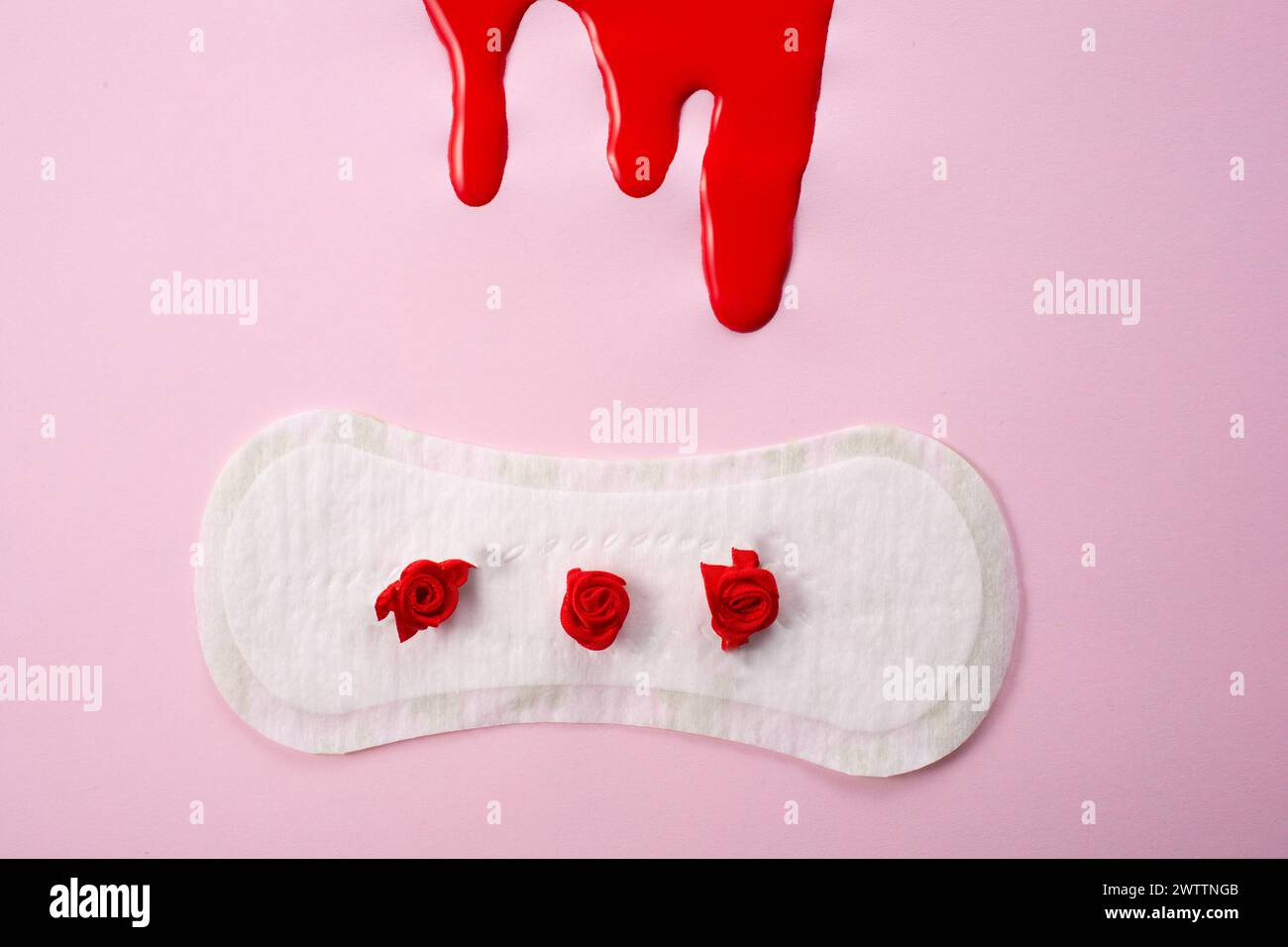Blood and feminine hygiene pad with red flowers on pink background ...