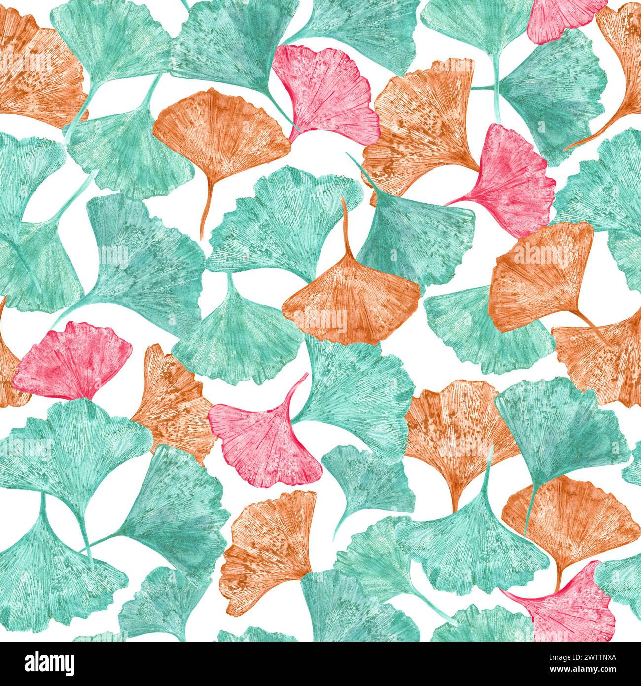 Seamless pattern with multicolor gingko leaf. Turquoise, pink, golden ...