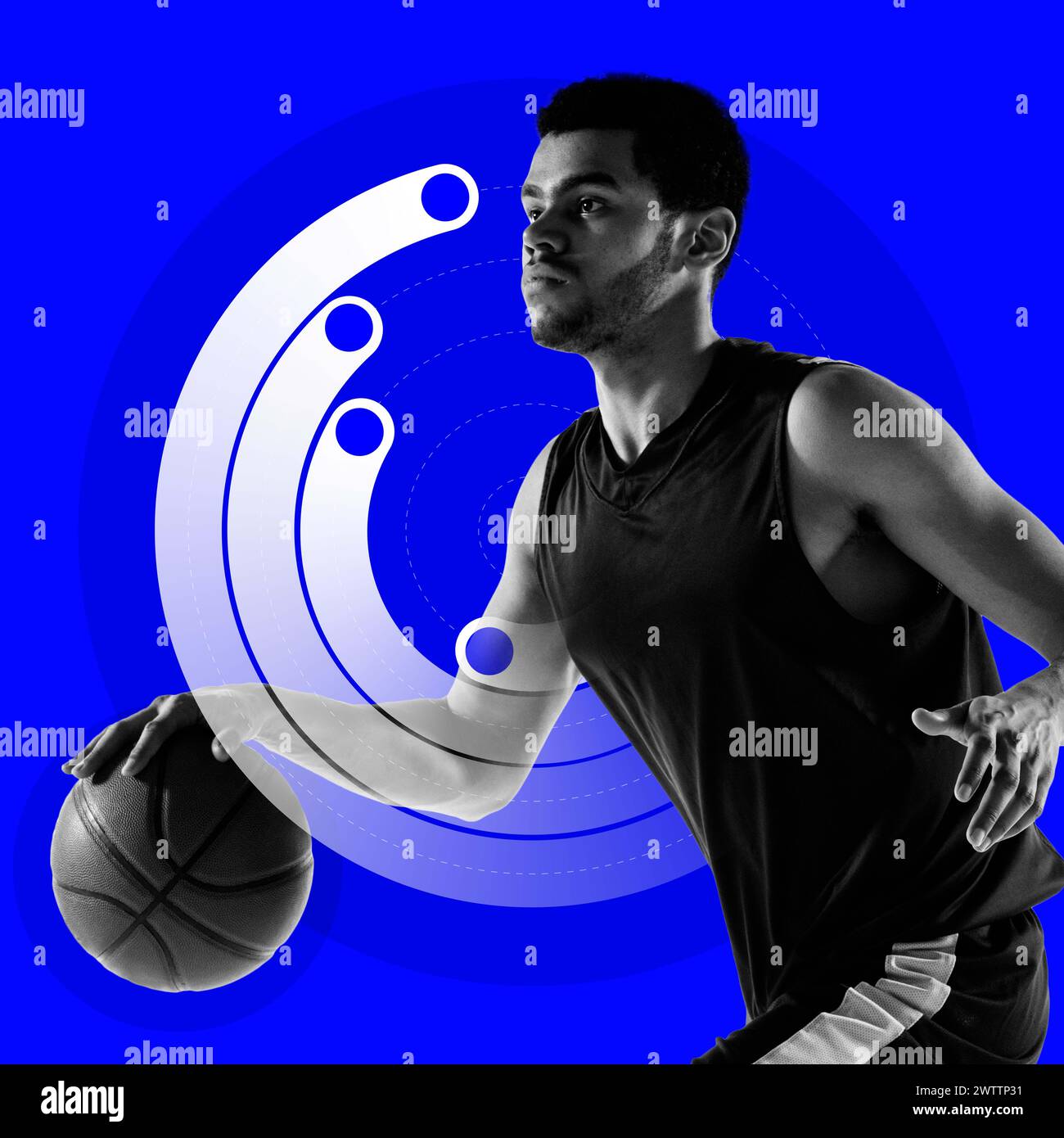 Training tracking app. Concentrated young man, basketball player in ...