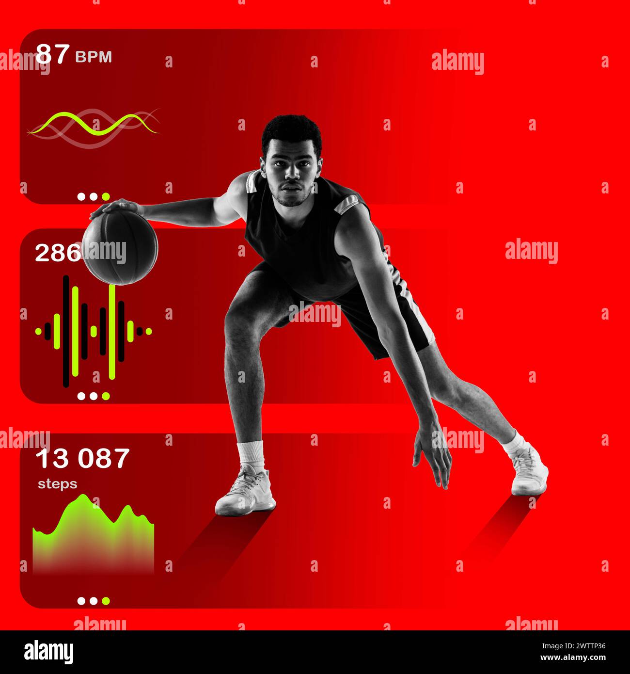 Dynamic image with concentrated young man, basketball player dribbling ...