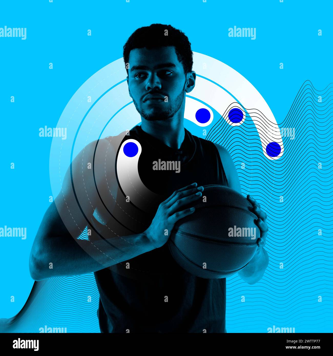 Concentrated young man, basketball player standing with ball against ...