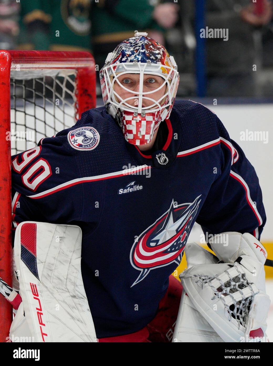 Columbus Blue Jackets goaltender Elvis Merzlikins warms up prior to an ...