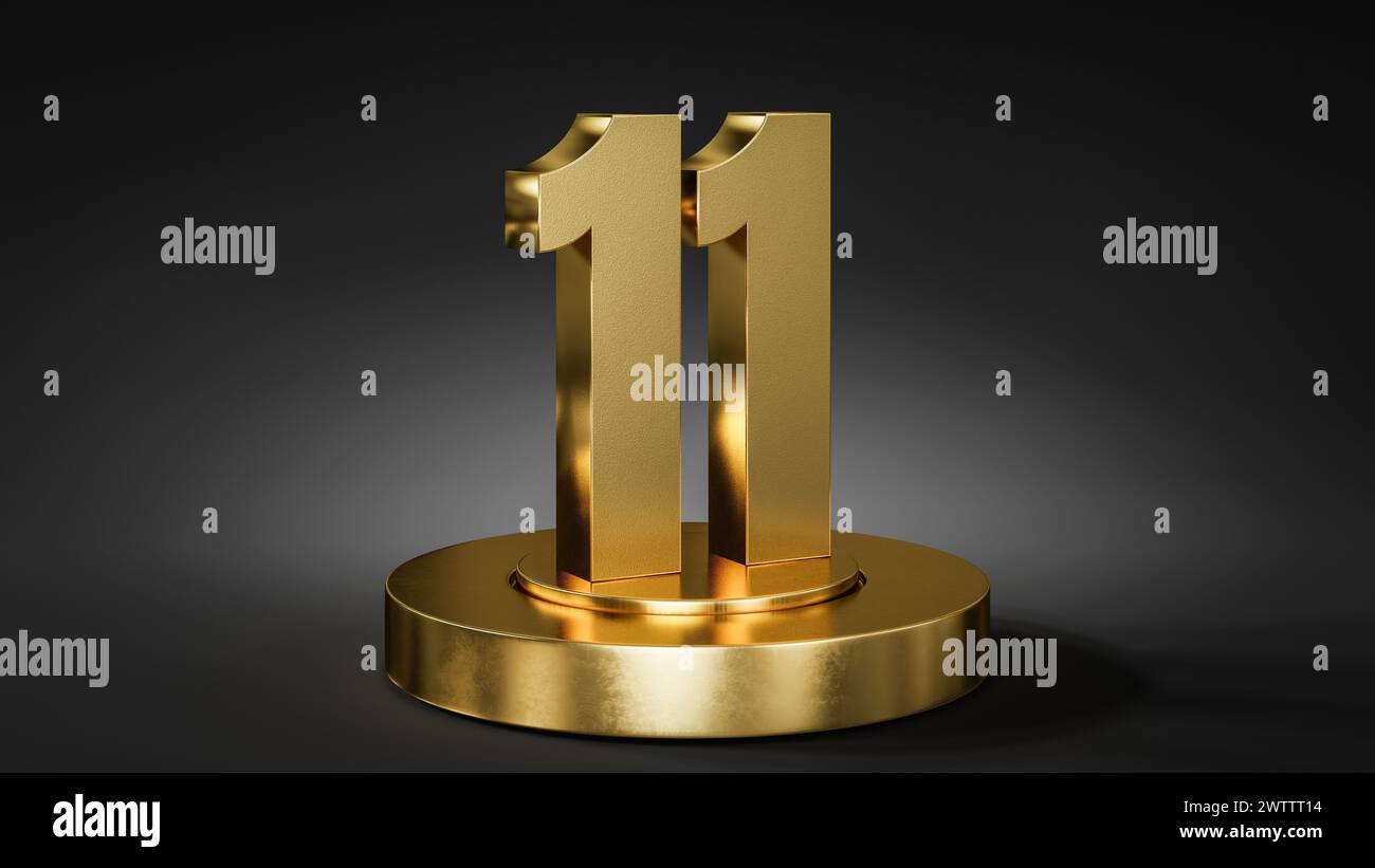 The number 11 on a pedestal / podium in golden color in front of dark ...