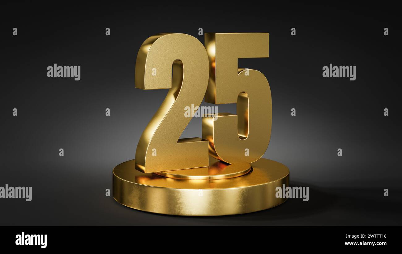 The number 25 on a pedestal / podium in golden color in front of dark ...