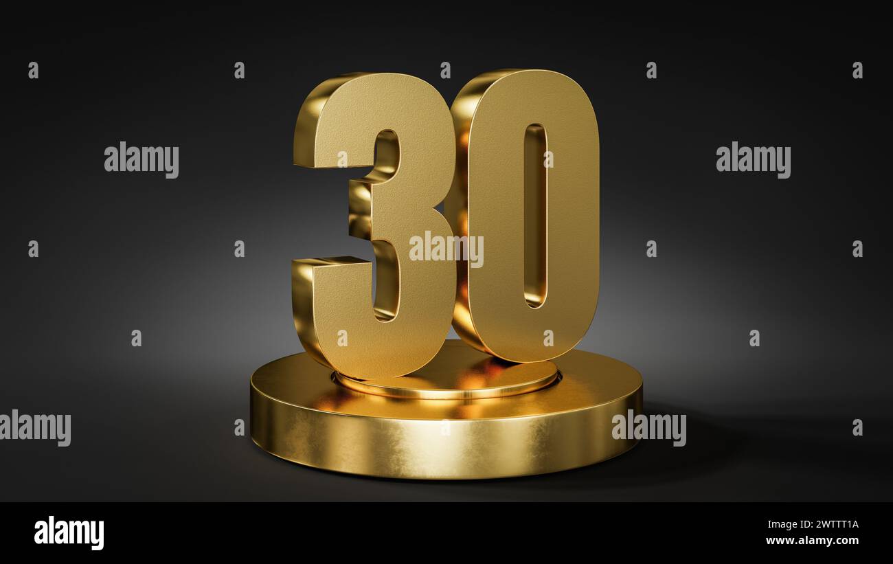 The number 30 on a pedestal / podium in golden color in front of dark ...