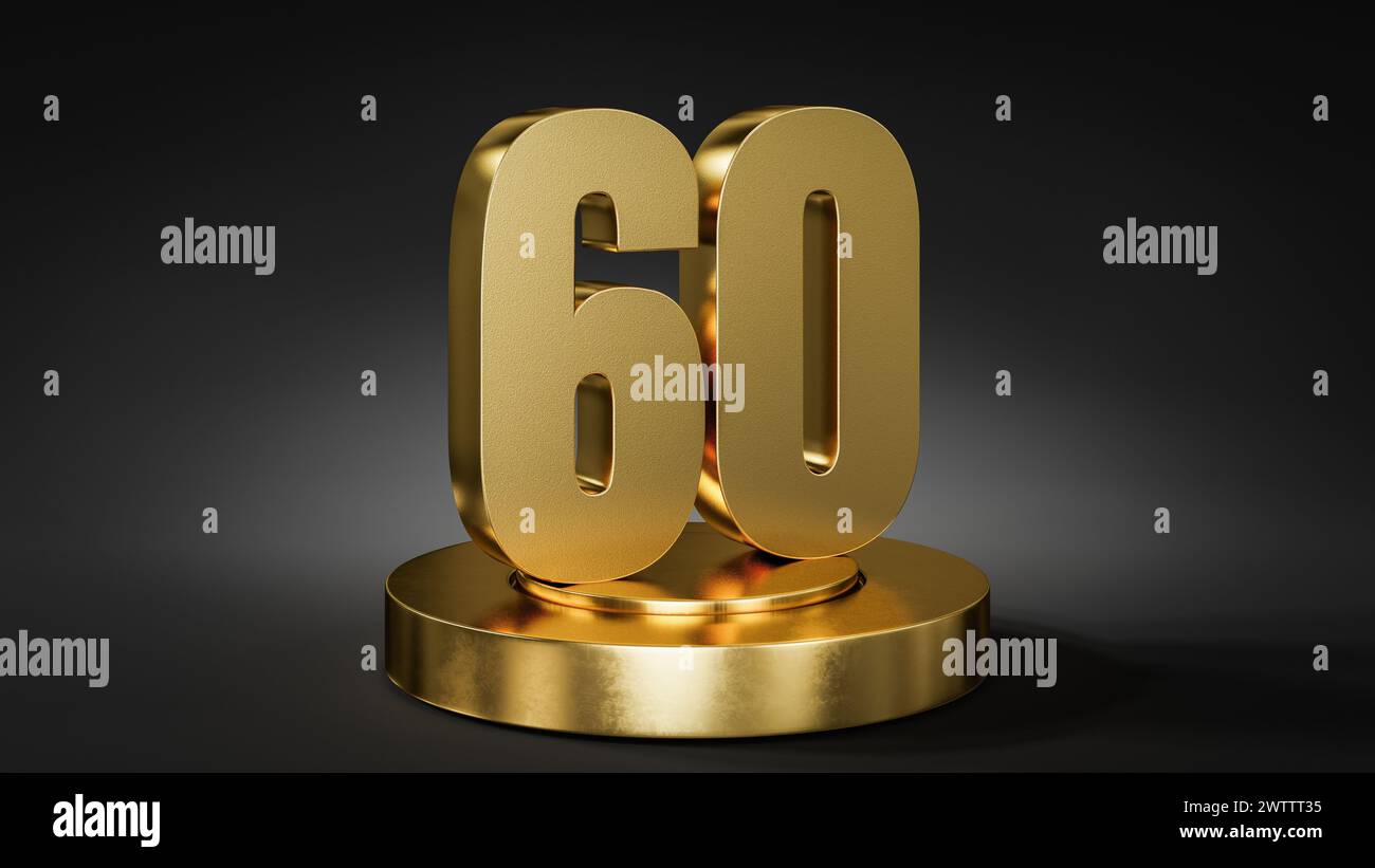 The number 60 on a pedestal / podium in golden color in front of dark ...