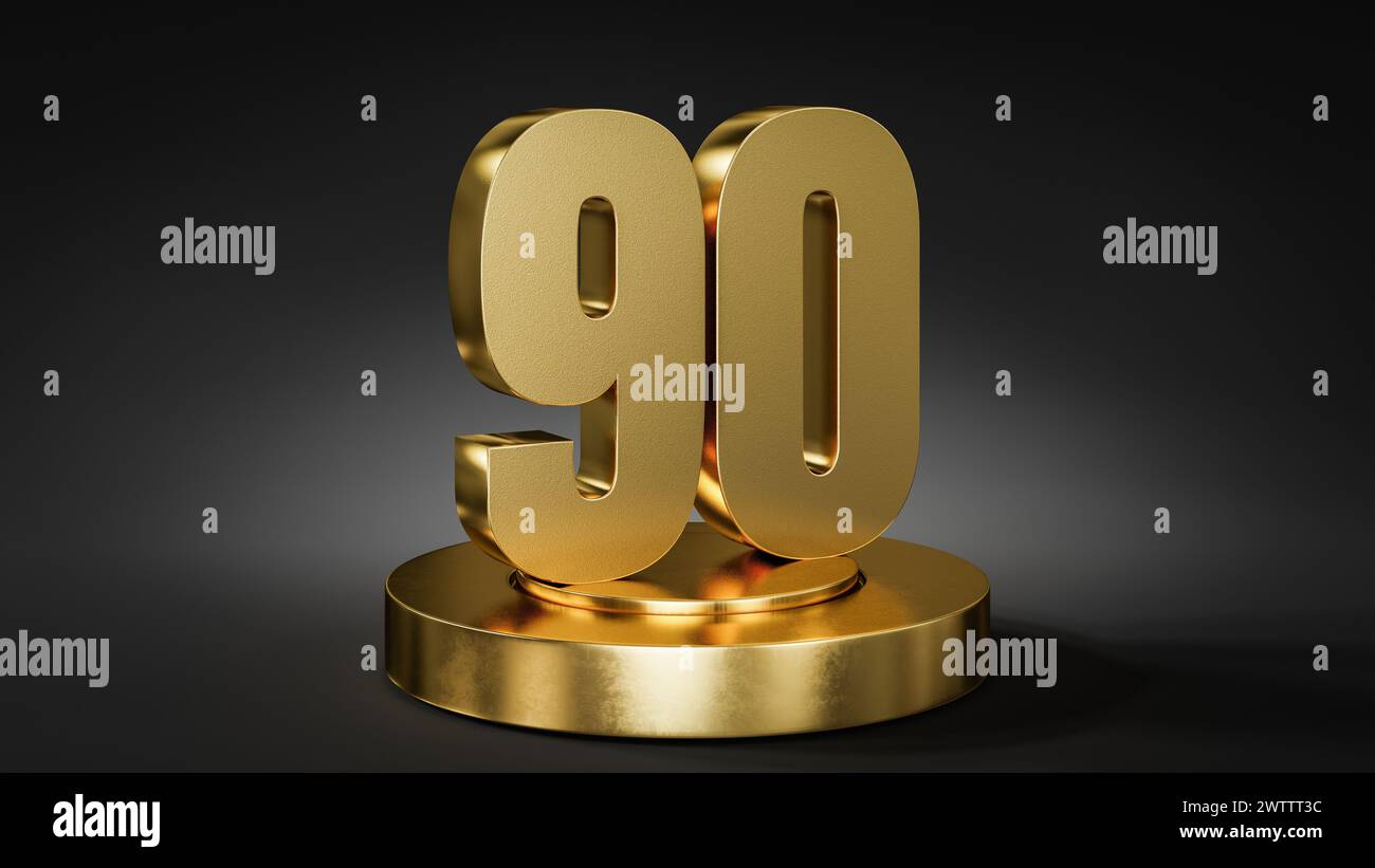 The number 90 on a pedestal / podium in golden color in front of dark ...