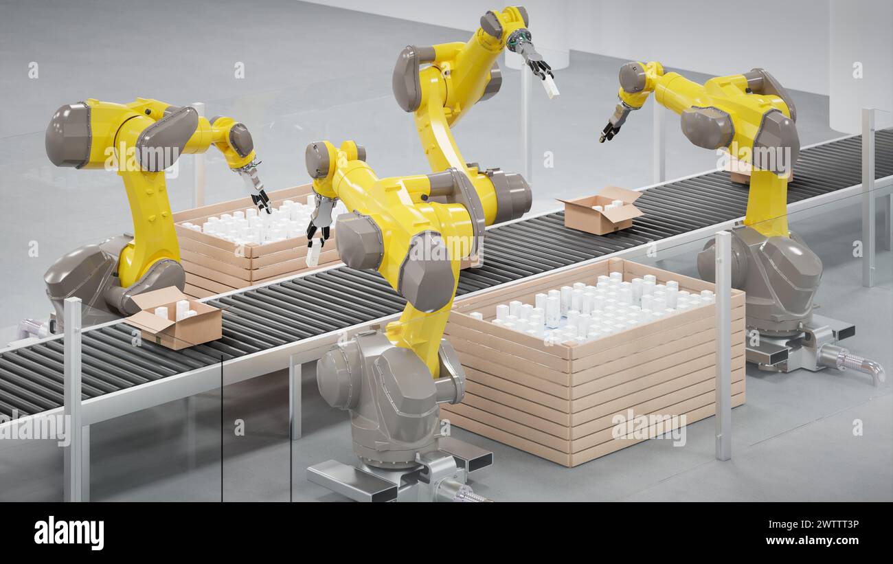 Robots at a conveyor belt packing items into cardboard packages Stock ...