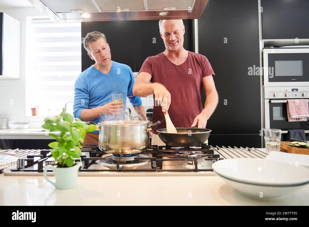 Two men cooking together in a modern kitchen Stock Photo - Alamy