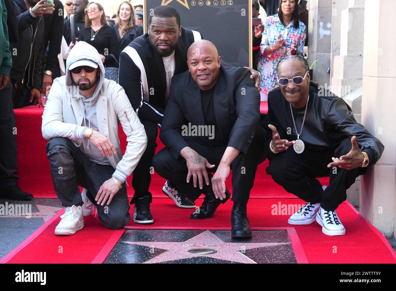 Eminem, from left, 50 Cent, Dr. Dre, and Snoop Dogg attend a ceremony ...