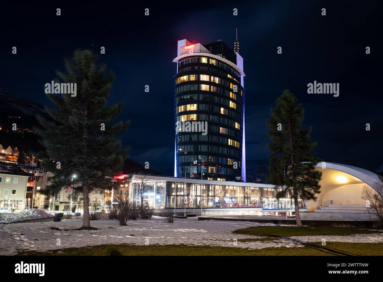 Night image of the Scandic hotel in the city of Narvik. The hotel is ...