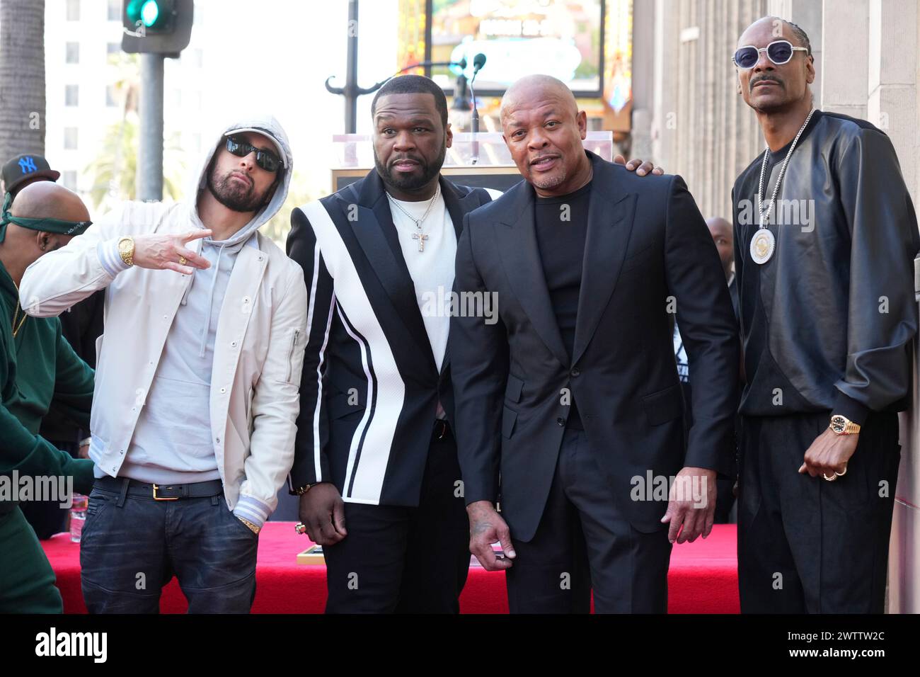 Eminem, from left, 50 Cent, Dr. Dre, and Snoop Dogg attend a ceremony honoring Dr. Dre with a ...