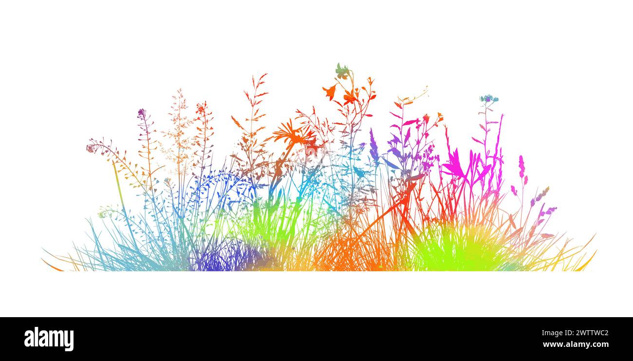 colored grass. Silhouette of meadow rainbow grass. hand drawing. Not AI ...
