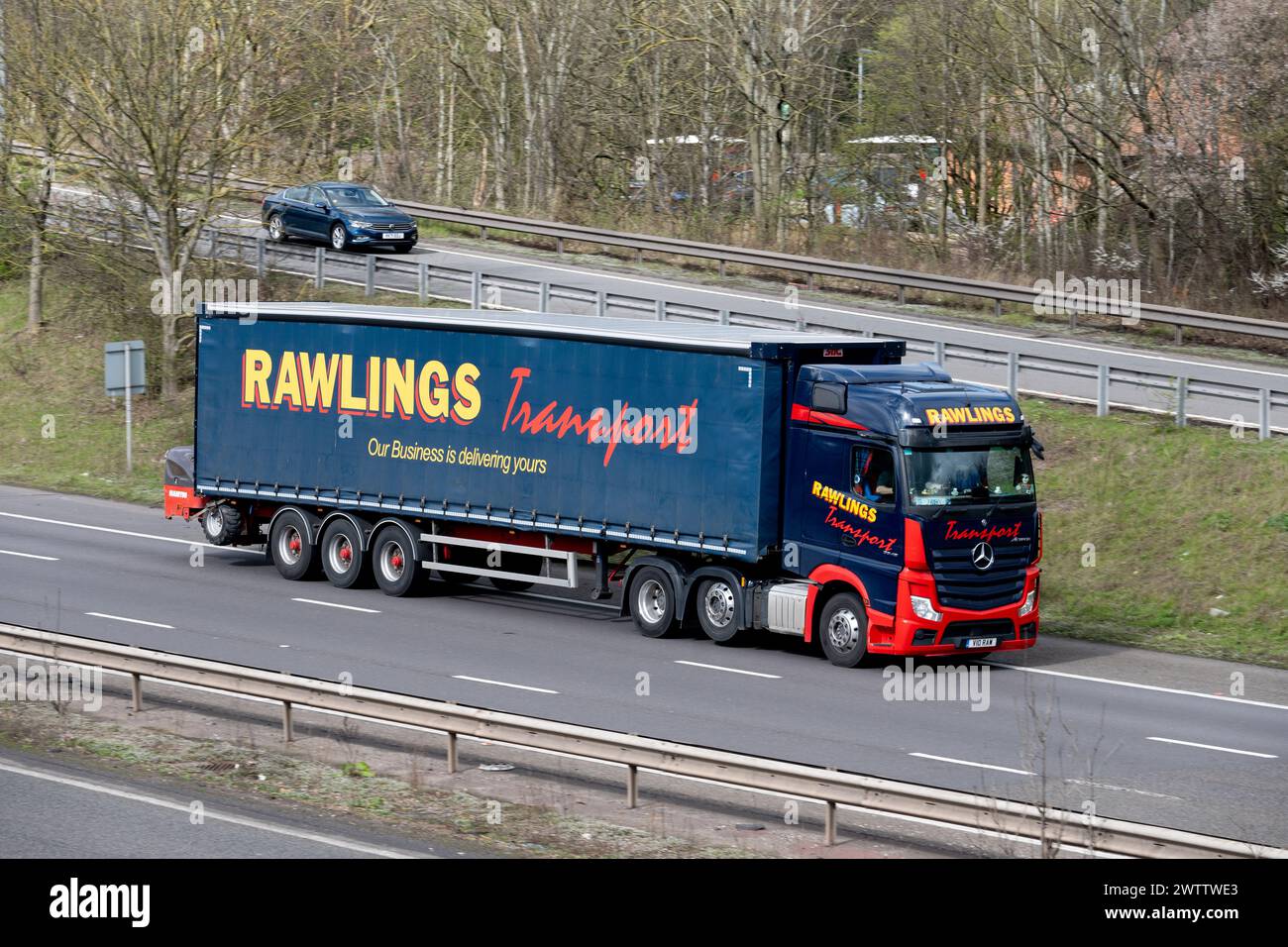 Rawlings Transport Mercedes lorry on the M40 motorway, Warwickshire, UK ...
