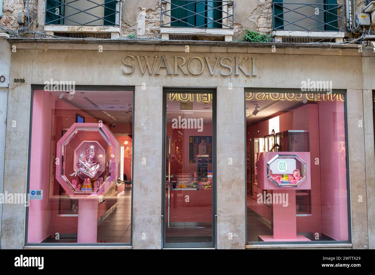 Venice, Italy- Feb 27, 2023: The front of Swarovski store in Venice ...