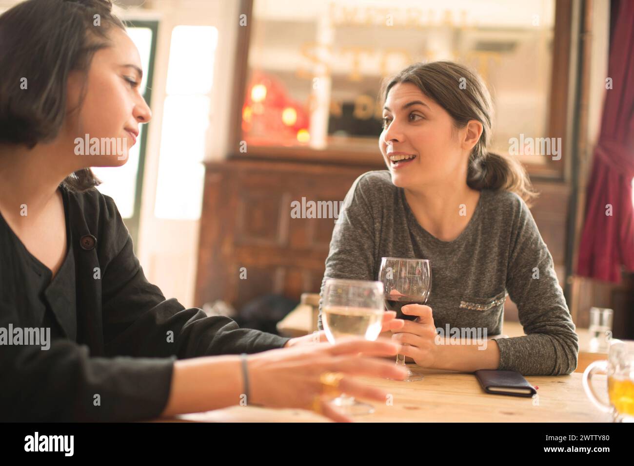 Two women conversing over drinks in a cozy setting Stock Photo - Alamy