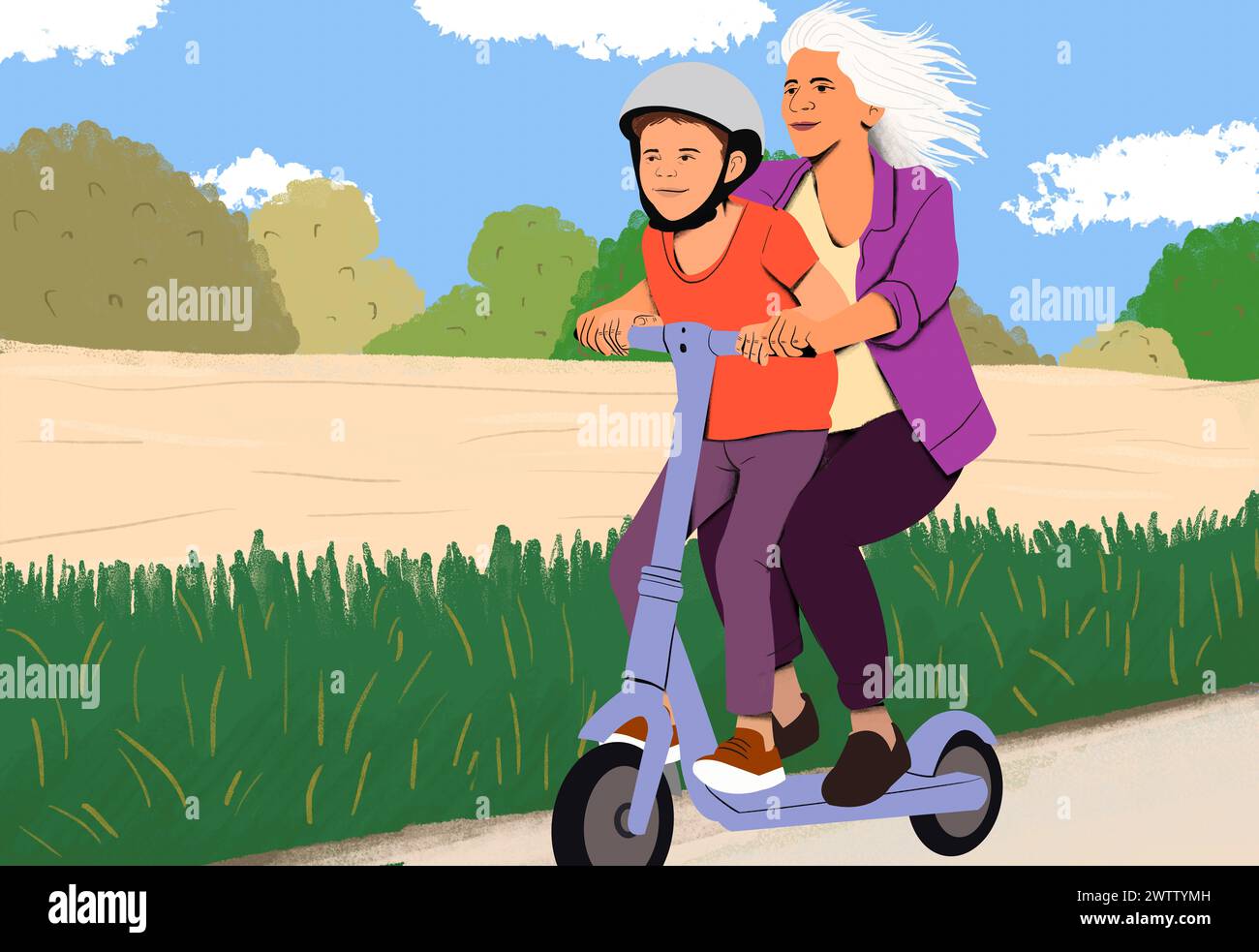 A cheerful grandmother and her grandson enjoying a fun ride together on ...