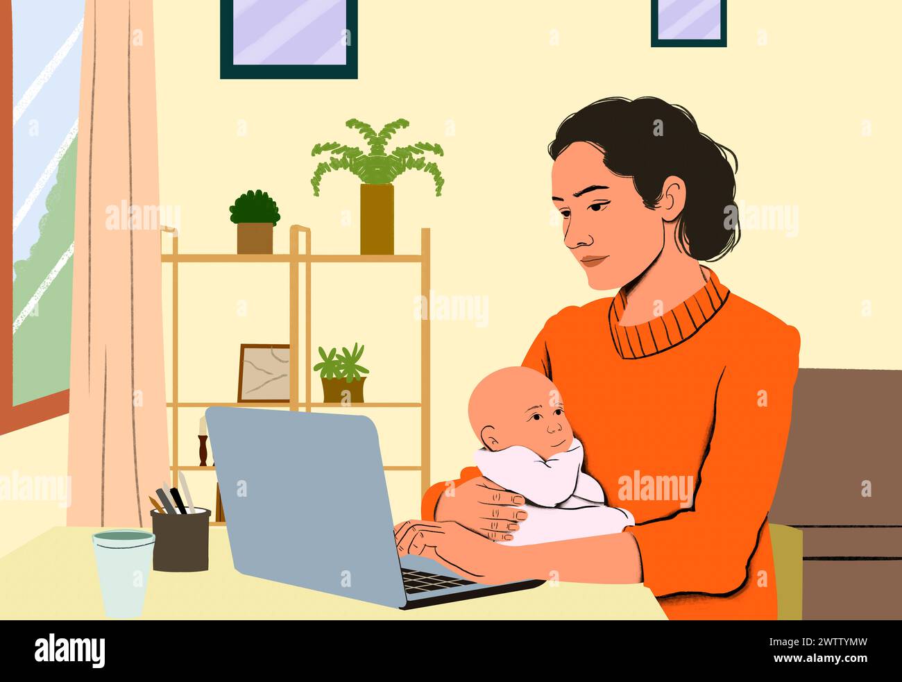 Young mother working from home while cradling her baby Stock Photo - Alamy